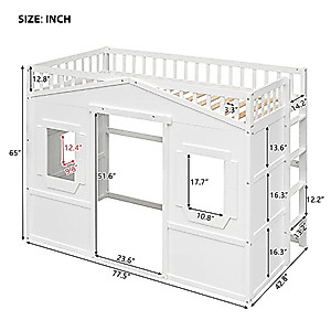 BOVZA Twin Size House Loft Bed, Wooden Bed Frame with Ladder, Kids Playhouse Bed with Window for Girls Boys, White