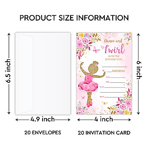 YUEXLL Dance and Twirl Birthday Party Invitations Cards with Envelopes, Gold Ballet Dance Party Invitations, Birthday Celebration Supplies, Double-sided Fill-in bday Invites for Boys Girls- A23