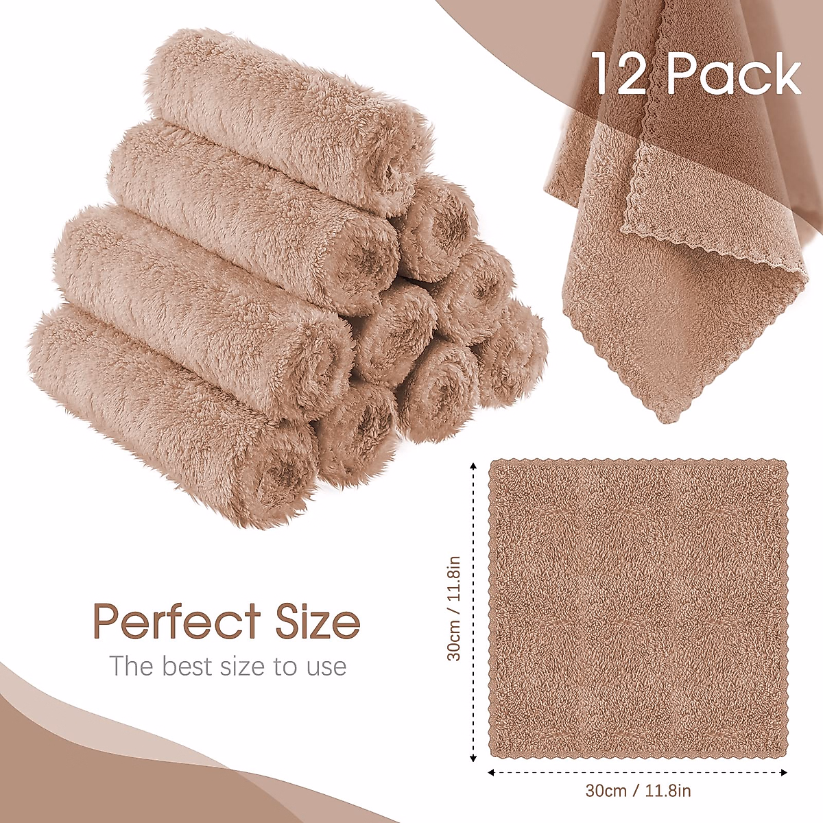 Syhood 12 Pieces Face Wash Cloth 12 x 12 in Makeup Remover Cloths Towel Coral Velvet Facial Microfiber Cloths Soft Fast Drying Facial Cleansing Towel for Face(Brown)