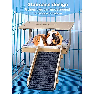 MEWTOGO Guinea Pig Hideout - Natural Wooden Small Animal House Bed with Stairs and Mat, Detachable Small Pet Hut Habitats for Guinea Pig Hamsters Bunny Chinchillas