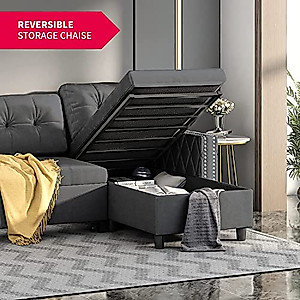 MUZZ Pull Out Sleeper Sofa with Storage, Reversible Pull Out Sofa Couch, L-Shaped Sectional Sofa with Chaise and Pocket, Ideal for Living Room, Apartment and Office (Dark Grey)