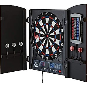 Fat Cat Mercury Electronic Dartboard, Built In Cabinet Doors With Integrated Scoreboard, Dart Storage For 6 Darts, Dual Display In Two Colors, Compact Target Face For Fast Play
