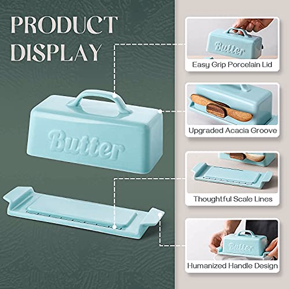 DOWAN Butter Dish with Lid and Knife, Butter Dish with Cutting Measurements and Humanized Knife Handle for East West Coast Butter, Ceramic Butter Dish with Lid for Countertop, Turquoise