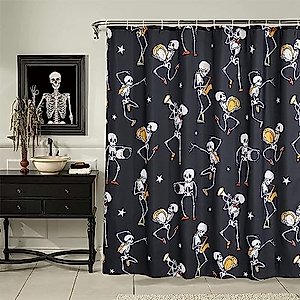 Vintage Cute Fun Dancing Skeleton Halloween Party Shower Curtain Spooky Gothic Bathroom Decorations, Modern Abstract Skull Skeleton Bones Cool Creepy Spirit Halloween Shower Curtain Set with Hooks