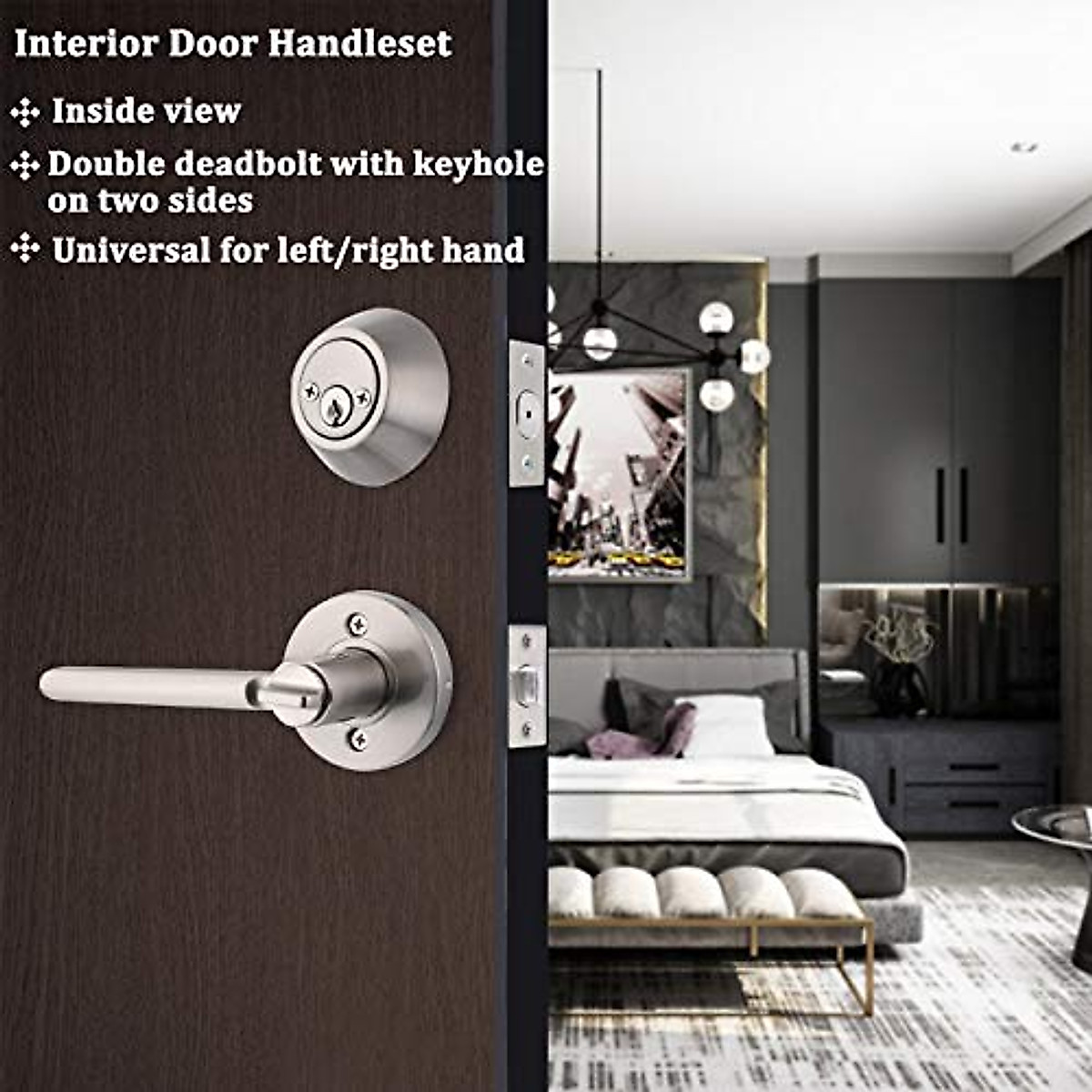 Gobrico Keyed Alike Entry Door Locksets with Double Cylinder Deadbolt Lock Combo Sets,Brushed Nickel Exterior Entrance Door Levers,Front Door Handle Sets,3 Pack