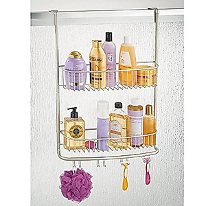 mDesign Extra Wide Stainless Steel Bath/Shower Over Door Caddy, Hanging Storage Organizer 2-Tier Rack with Hook and Basket, Holder for Soap, Shampoo, Loofah, Body Wash, Omni Collection, Matte Satin