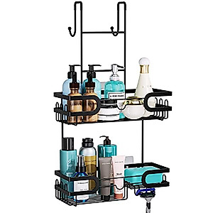 HapiRm Hanging Shower Caddy with 14 Hooks and Soap Holder, No Drilling Shower Caddy Over the Door, Rustproof & Waterproof Stainless Steel Hanging Shower Organizer for Bathroom - Black