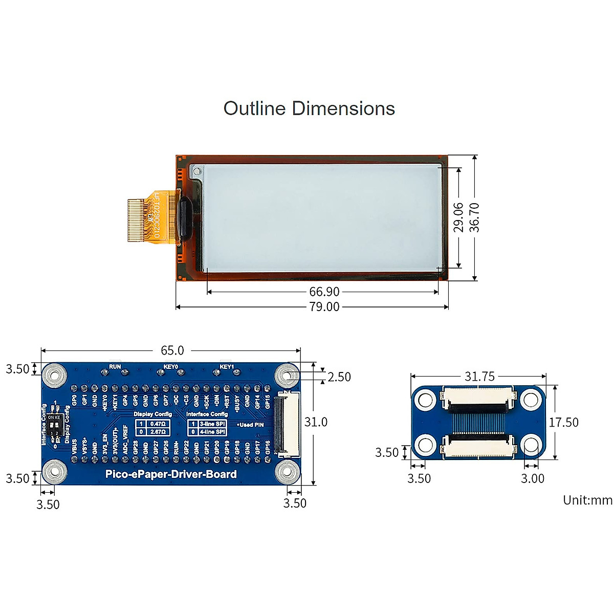 2.9inch Flexible E-Paper Display Module for Raspberry Pi Pico, 296×128 Resolution E-Ink Display Panel, Black/White Display Color, SPI Interface, Support Partial Refresh