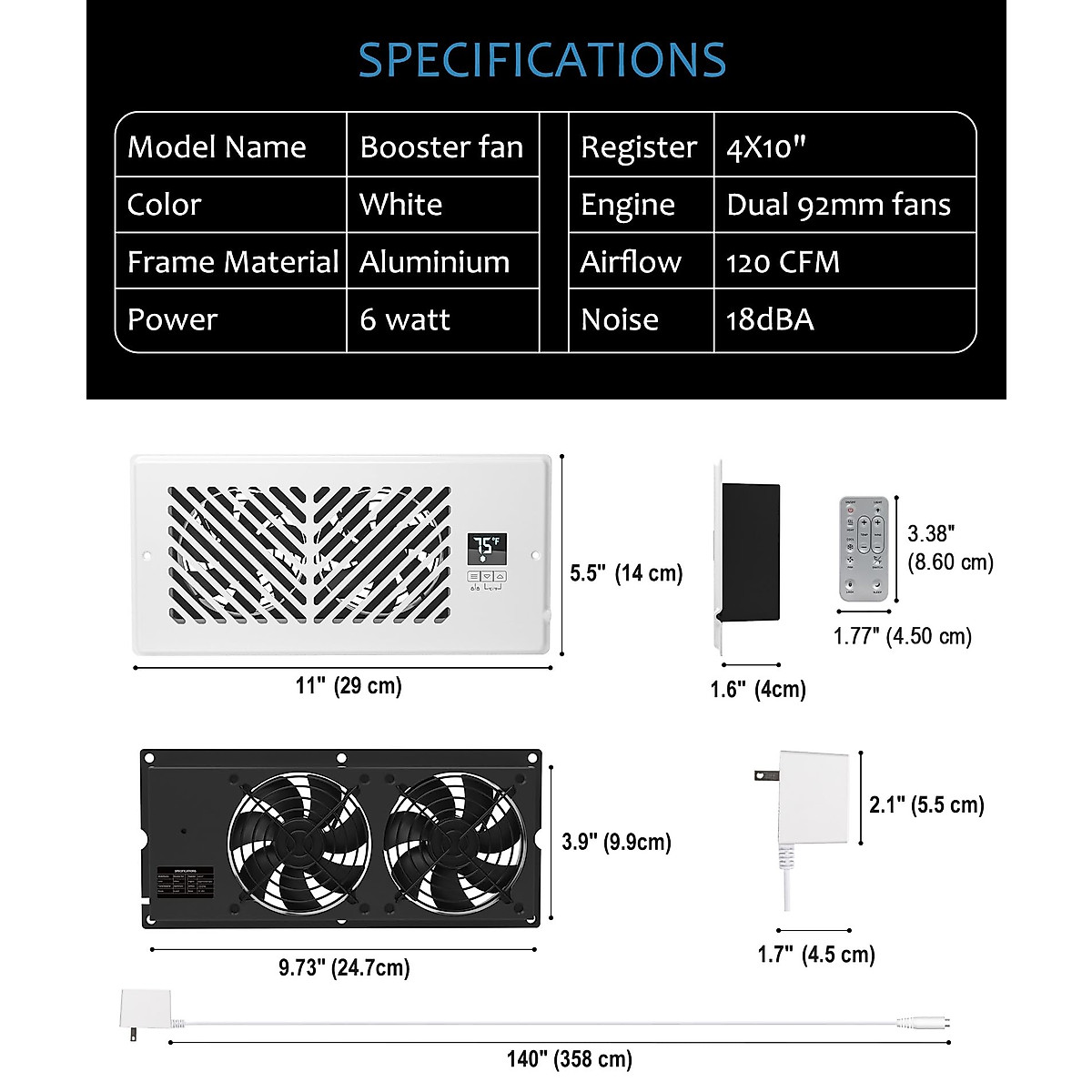 Abida 4" x 10" Register Booster Fan with Thermostat Control, Quiet Smart Register Vent with 10 Gear Wind Speed, Aluminum Frame Heating Cooling AC Vent (White, With Remote)