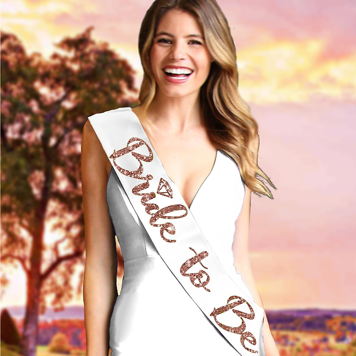 Bride Rose Gold Sash - BRIDAL GRADE SATIN Bride to Be Sparkle with Diamond motif - Bachelorette Party Decorations - White Satin Sash(BrdDia RsGld) Wht