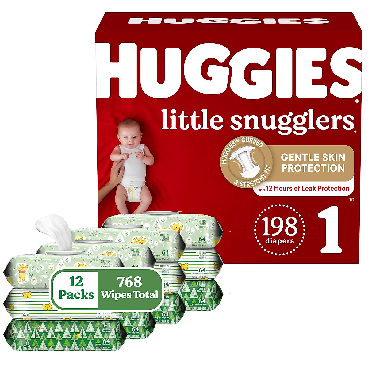 Huggies Little Snugglers Diapers & Wipes Bundle: Huggies Little Snugglers Size 1 Baby Diaper, 198ct & Huggies Natural Care Sensitive Wipes, Unscented, 12 Packs (768 Wipes Total) (Packaging May Vary)
