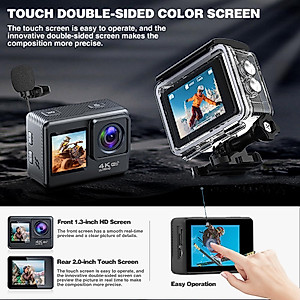 4K Action Camera, Sports Video Camera WiFi with Touch Screen Dual Screen 131FT Underwater Camera Waterproof, EIS 2.0, 170° Wide Angle, Zoom, 2 Batteries and Accessory Kits for Vlog