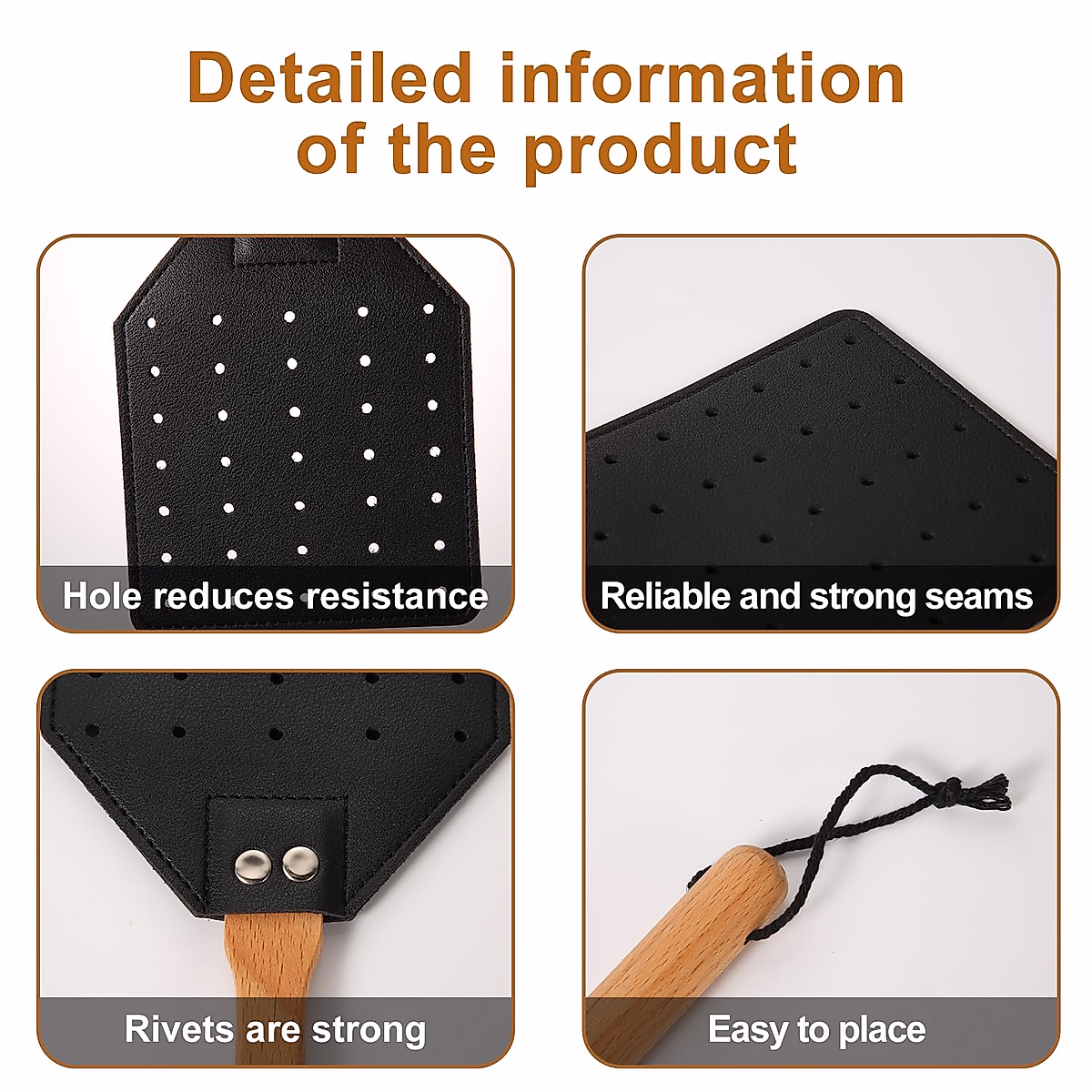 2pcs Leather Fly Swatter, Manual Heavy Duty Flyswatter with Long Wood Handle and Hanging Rope Durable Fly Swatter Catcher Wasp Swatter for Indoor Outdoor Home Fly