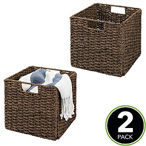 mDesign Natural Woven Seagrass Closet Storage Organizer Basket Bin - Collapsible - for Cube Furniture Shelving in Closet, Bedroom, Bathroom, Entryway, Office - 10.5" High, 2 Pack - Chestnut Brown