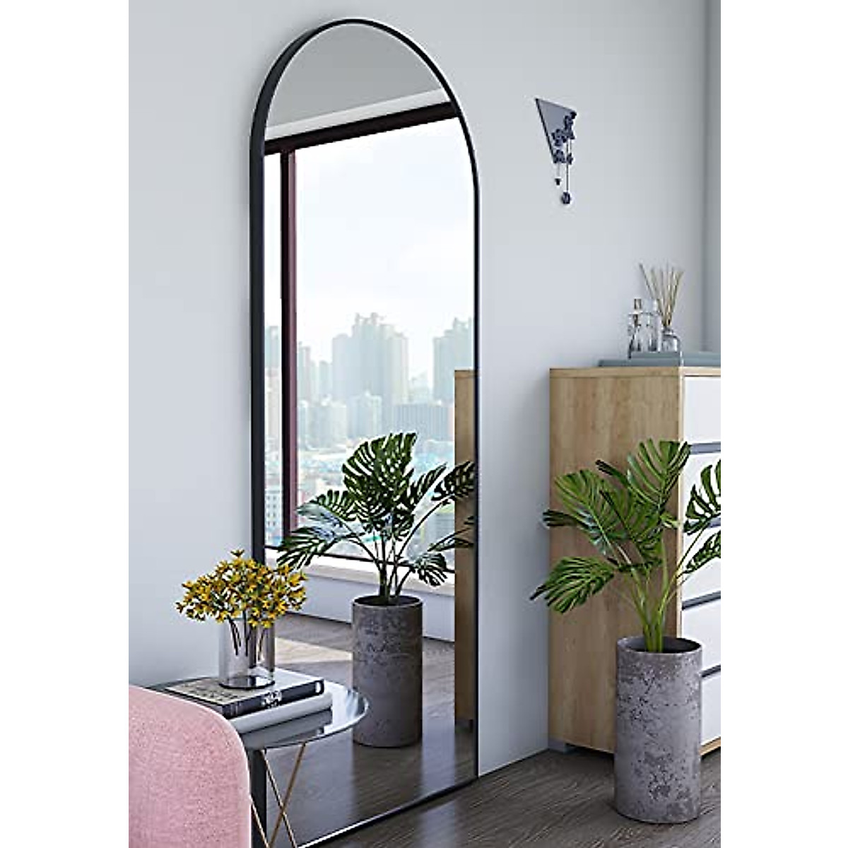 ZMYCZ Floor Mirror, 64"x21" Arched Full Length Mirror Standing Hanging or Leaning Against Wall, Arched-Top Mirror with Aluminum Alloy Frame, Body Mirror for Bedroom (Black)