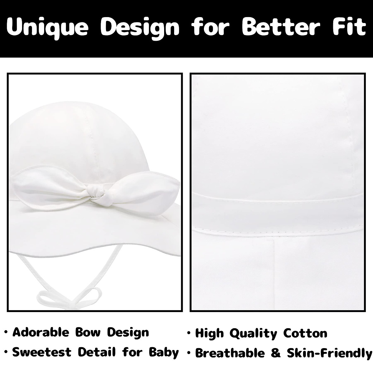 Infant Sun Hat Baby Girl Hats with Bows UPF 50+ Baby Hat Bucket Hat Summer Baby Beach Hat with Wide Brim White 3-6 Months