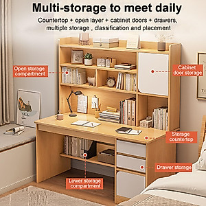 Modern Desk with Storage Drawers,Wood Computer Desk with Shelves,Sturdy Writing Desk Table with Bookshelf, Home Office Desk with Drawers for Study/Workstation(120x45x164cm(47x18x64in), B)