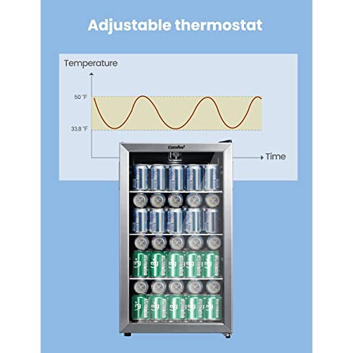 COMFEE' CRV115TAST Cooler, 115 Cans Beverage Refrigerator, Adjustable Thermostat, Glass Door With Stainless Steel Frame, Reversible Hinge Door And Legs For Home, Apartment