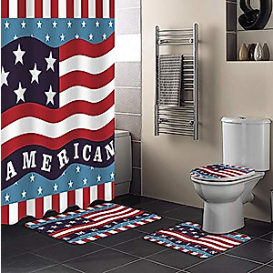 4PCS Bathroom Set Independence Day 4th of July Shower Curtain Sets with Non-Slip Rugs Toilet Lid Cover and Bath Mat Embroidery American Flag Stars and Stripes Simple Bath Curtains with 12 Hooks
