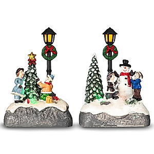 Mudder 2 Pieces Christmas Village Houses Decorations Led Light up Christmas Tree Christmas Snowman Light Christmas Decorations Figurines Buildings Landscape Lamppost Dector
