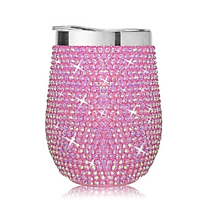 HappiGifts Sparkle Tumbler Collection, Glitter Bling Diamond Rhinestone Wine Tumbler, Stainless Steel Insulated Cup with Lid (Pink)