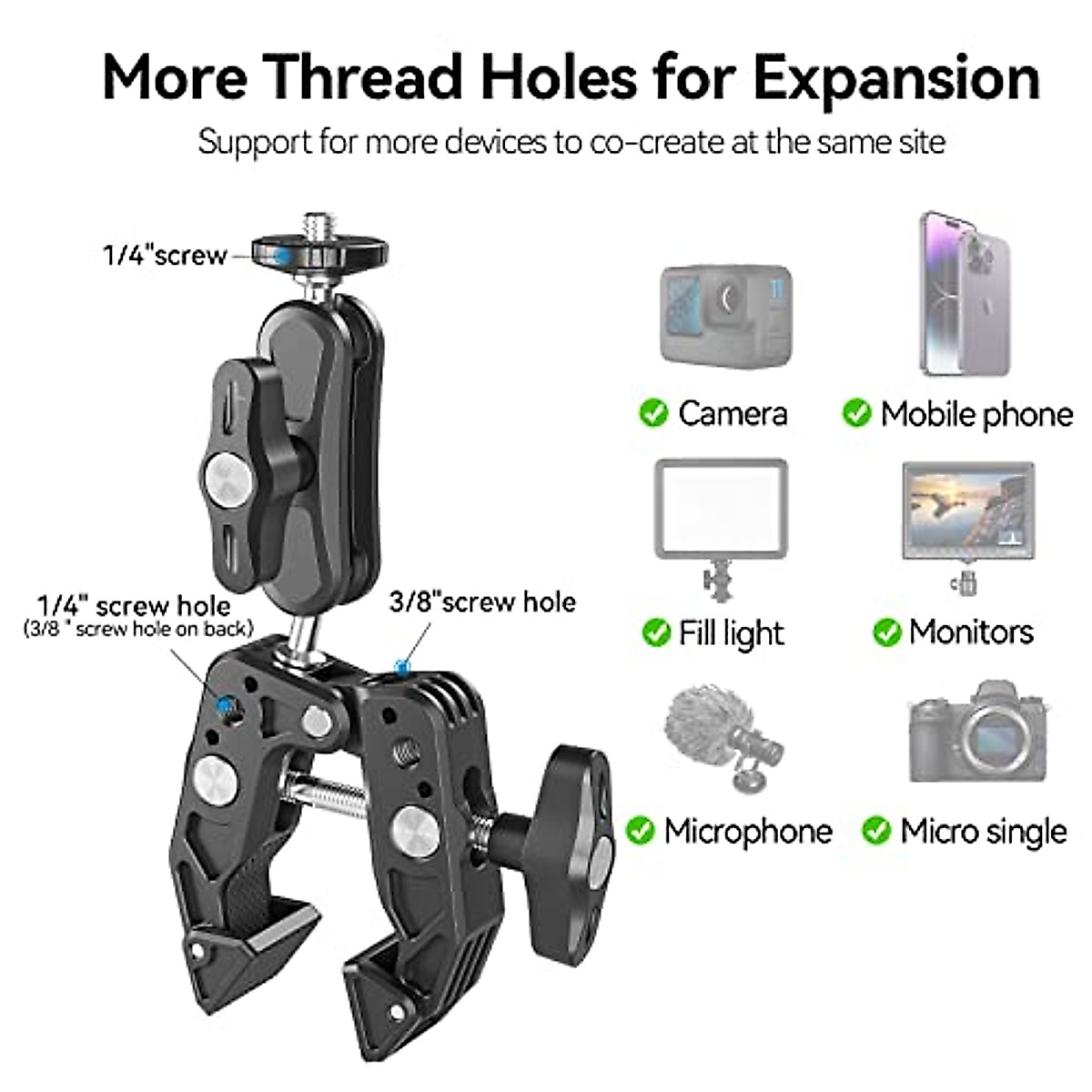 TELESIN Camera Monitor Super Clamp Mount 360 Ballhead Magic Arm with 1/4" 3/8" Port Bike Motorcycle Handlebar Attach Accessories for Canon Nikon DSLR GoPro Isnta360 Video Light Ronin-MX Freefly MOVI