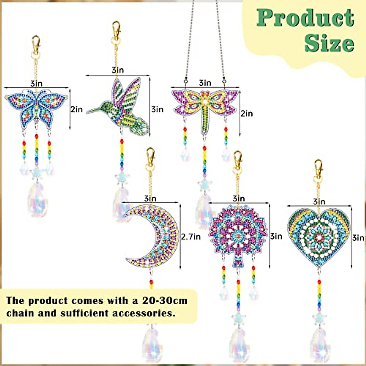 6 Pcs Diamond Painting Suncatcher, Double Sided 3D Diamond Painting Wind Chime Paint by Number, Diamond Painting Hanging Ornaments for Adults Kids Home Garden