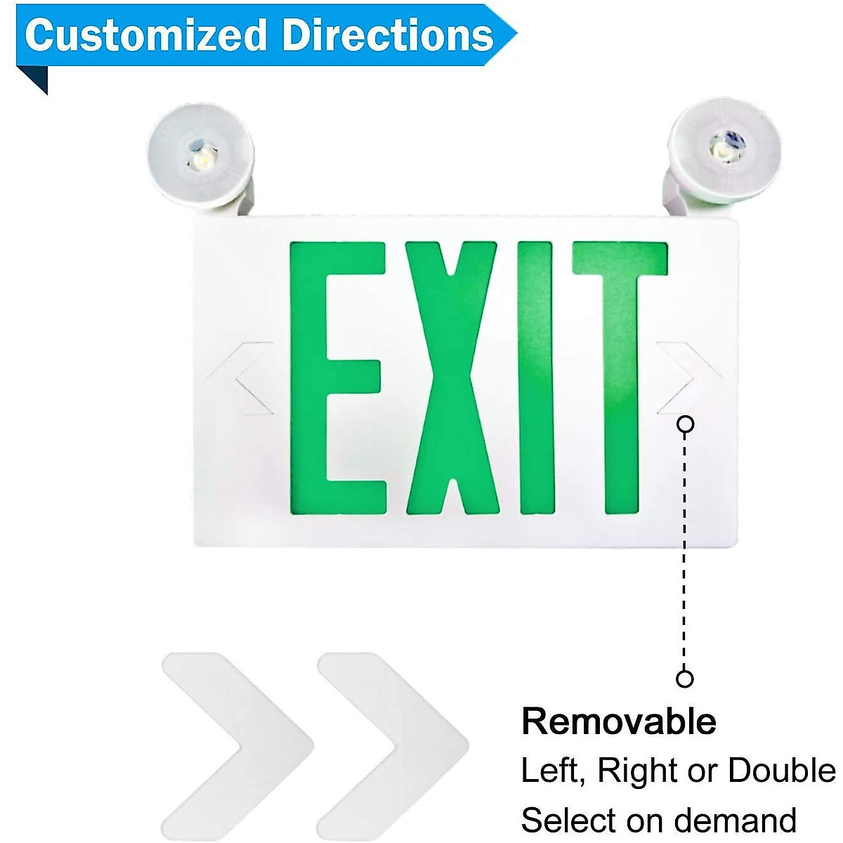 EXITLUX 1 Pack Green Led Exit Sign with Emergency Lighting Battery Backp -Two LED Adjustable Head -120V/277V-UL Listed-Exit Lighting -Dual LED Lamp ABS Fire Resistance for Power Failure.