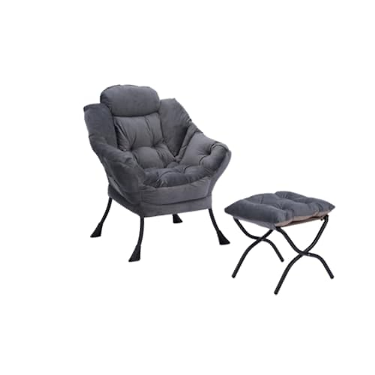 Lazy Chair with Ottoman, Modern Accent Lounge Chair with Folding Footrest and Headrest, Upholstered Leisure Sofa Armchair Reading Chair with Side Pocket for Living Room, Bedroom, Office, Dark Gray