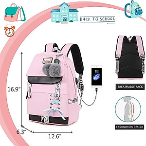 Lmeison Backpack for Girls Kids Schoolbag Children Bookbag Women Casual Daypack Teenage Girls' Backpack Middle School Students Bookbag Outdoor Daypack with USB Charge Port, Pink