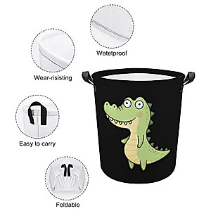 Cute Alligator Round Laundry Hamper Collapsible Waterproof Dirty Clothes Baskets with Handles Washing Bin Storage Bag