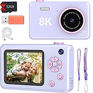 Digital Camera for Kids Girls Boys- 48MP Kids Camera with 32GB SD Card, Full HD 1080P Front and Rear Cameras Rechargeable Mini Camera for Students, Teens, Kids - Purple