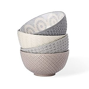 Signature Housewares Pad Print Set of 4 Assorted 6” Bowls, for cereal, ice cream, soup, PP32 Plata Grey