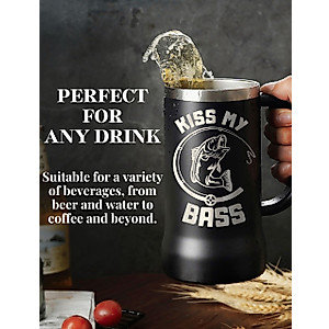 Onebttl Bass Fishing Gifts for Men, Stainless Steel Beer Stein Tumbler, 24oz Beer Mug with Lid for Father's Day, Christmas - Kiss My Bass