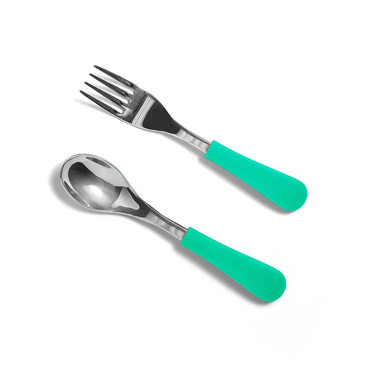 Avanchy Baby Spoons and Forks Stainless Steel and Silicone Set, Self Feeding Food Utensils, 4 Months Baby Led Weaning, 2 Pack, Green Spoon, Fork