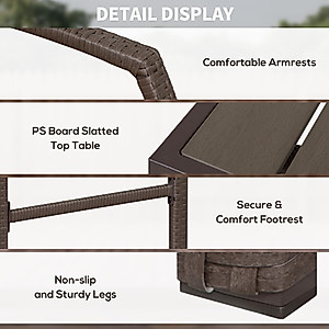 Outsunny 3 PCS Rattan Wicker Bar Set with Wood Grain Top Table and 2 Bar Stools for Outdoor, Patio, Poolside, Garden, Brown