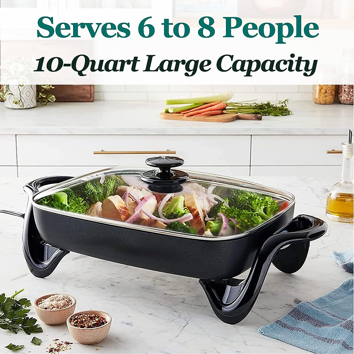 16-Inch Large Electric Skillet Nonstick with Glass Lid, Serves 6 to 8 People (10-Quart), Frying Pan for Roast, Bake,Stew, Adjustable Temperature Control, Black