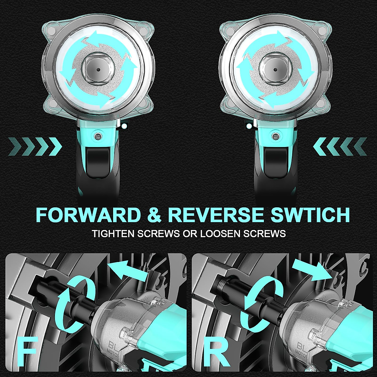 HooSeen Power Cordless Impact Wrench - 1/2 inch 21V Brushless Impact Gun Max Torque 445 Ft-lbs (600N.m), Electric Impact Wrenches with 4.0Ah Li-ion Battery & Fast Charger (Light Blue)