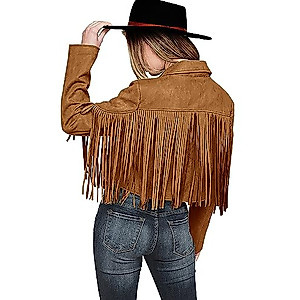 PRETTYGARDEN Women's Fringe Faux Suede Leather Jackets 2023 Fashion Tassel Motorcycle Cropped Coats (Brown Yellow,Small)