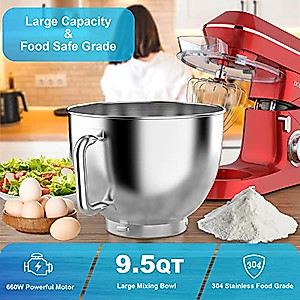 9.5QT Stand Mixer, DOBBOR 7 Speeds 660W Electric Kitchen Stand Mixer, Tilt-Head Food Mixer, Home Standing Mixer with Dough Hook, Whisk, Beater, Splash Guard & Mixing Bowl for Baking - Red
