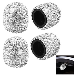 4 Pack Bling Valve Stem Caps, Sparkling White Handmade Crystal Rhinestone Car Tire Valve Caps Bling Car Valve Stem Covers Chrome Attractive Dustproof