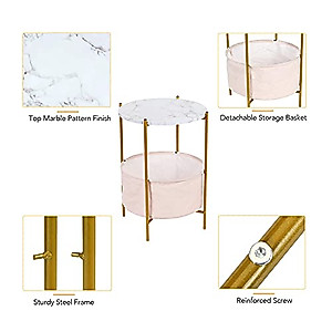 KSWIN Round Storage Side Table, 2-Tier End Table with Fabric Basket Gold Metal Frame, 16'' Faux Marble Top Nightstand Bedside Tables for Nursery Kids Living Room Bedroom, White