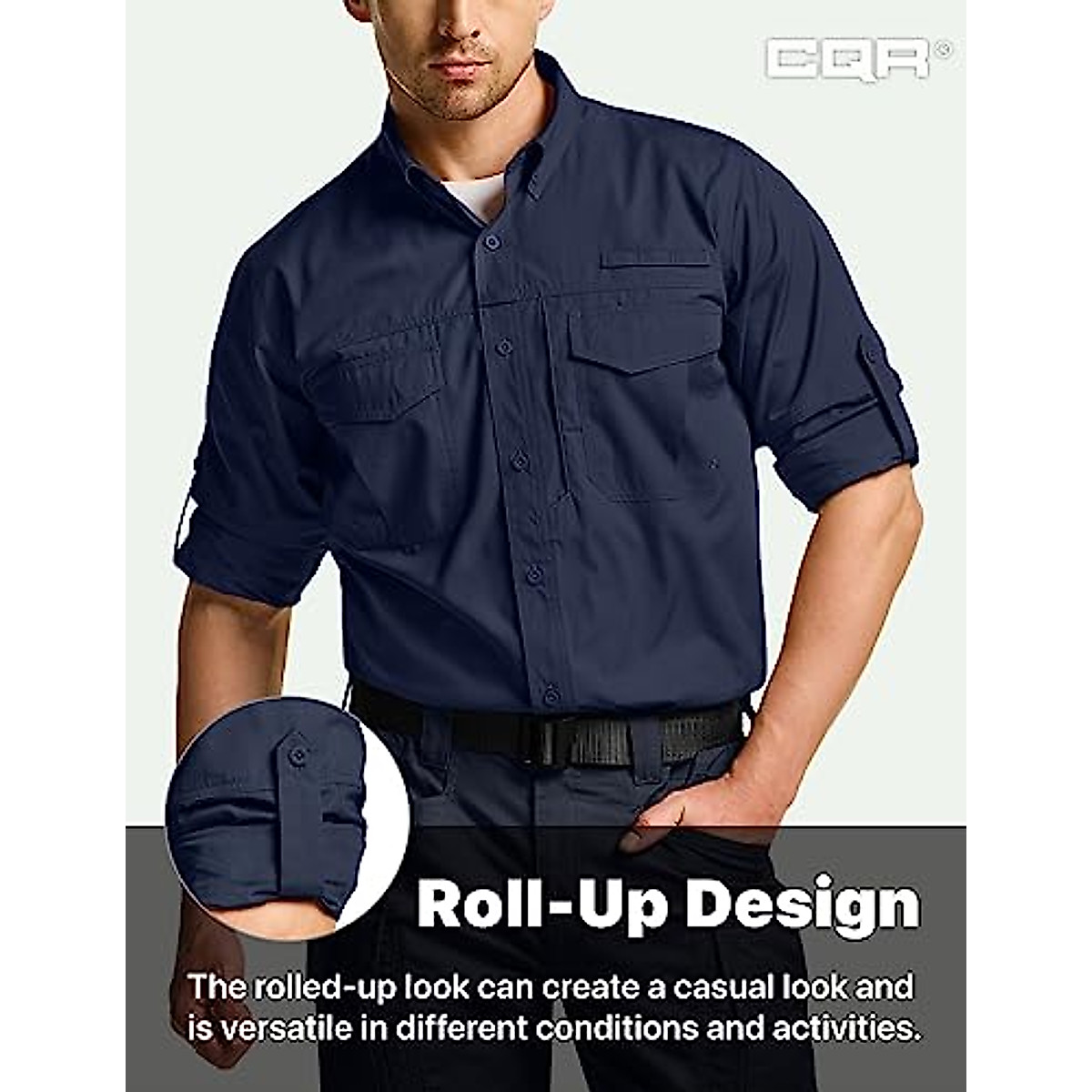 CQR Men's Long Sleeve Tactical Shirts, Ripstop Military Work Shirts, UPF 50+ Breathable Button Down Outdoor Hiking Shirt, Officer Work Shirts Dark Midnight Navy, Large