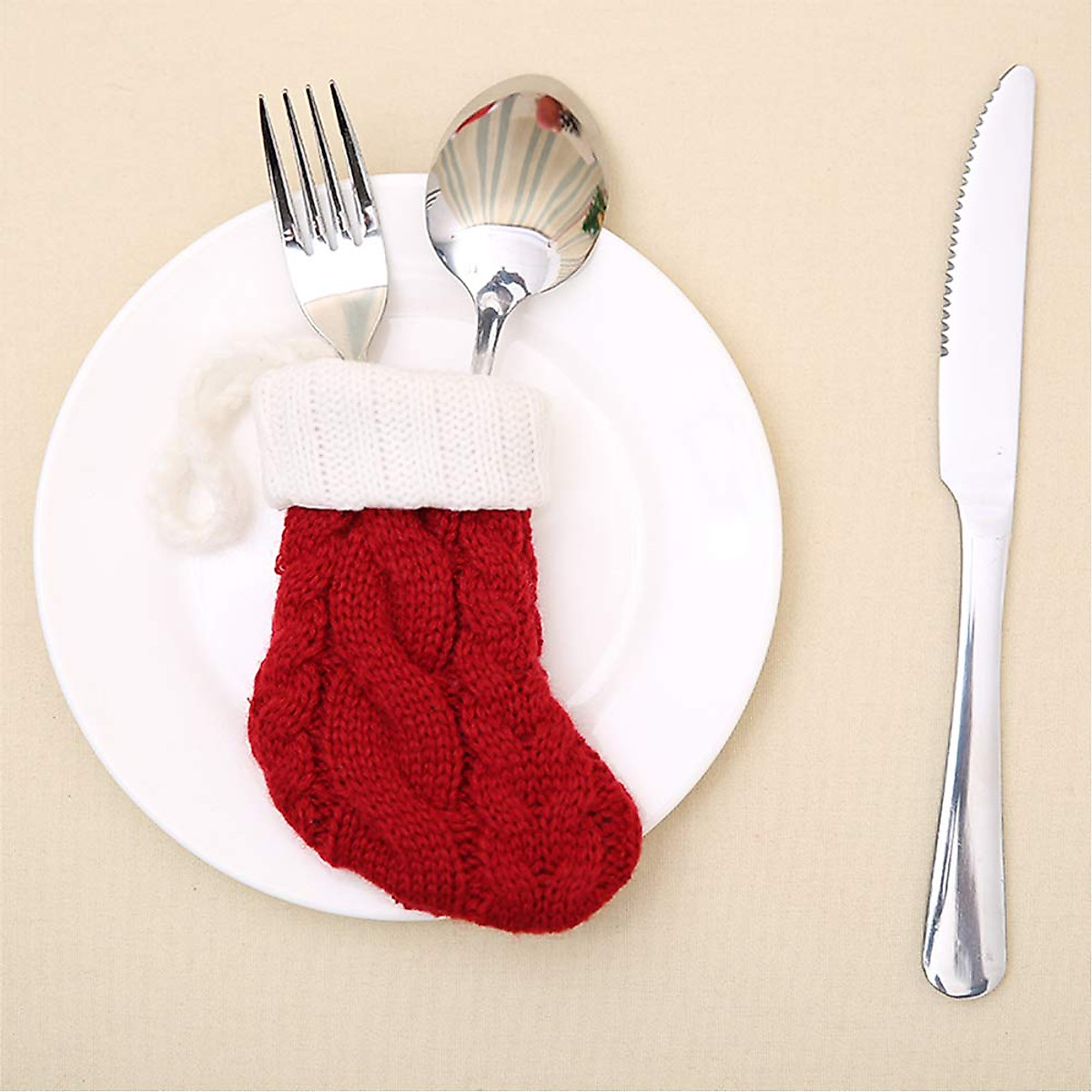 DegGod 6Pcs Christmas Tableware Silverware Holders Set, Red Knitted Christmas Stockings Knife and Fork Bags Covers for Thanksgiving New Year Party Decorations Xmas Dinner Table Decor Ornaments (Red)