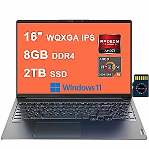 Lenovo Ideapad 5 Pro Business Laptop I 16" WQXGA IPS Display (100% sRGB) I AMD 6-Core Ryzen 5 5600H (>i7-11375H) I 8GB DDR4 2TB SSD I Backlit USB-C HDMI Dolby Atmos Win11 Grey + 32GB MicroSD Card