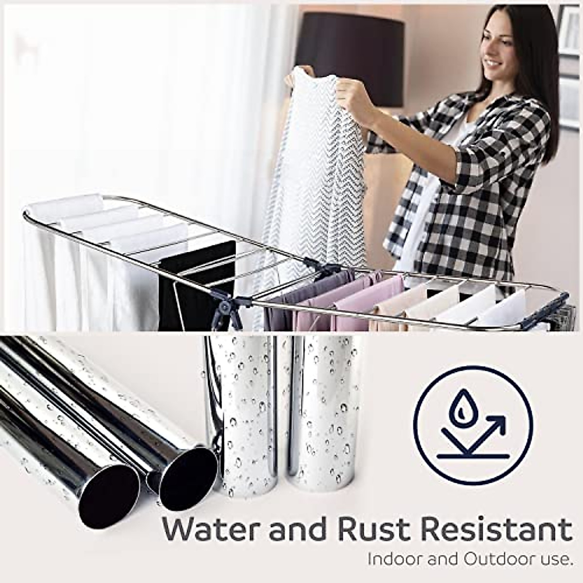 Foldable Premium Clothes Drying Rack, Large 2- Layer Stainless Steel Drying Rack for Sheets, Towels & Clothing Including 33 Hanging Rails, Height Adjustable and 32 Clips for Socks & Underwear - Blue