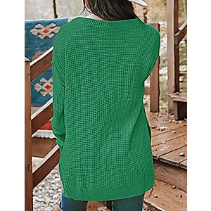 ZESICA Women's 2023 Casual V Neck Sweater Loose Long Sleeve Waffle Knit Button Henley Pullover Jumper Top,Green,Small