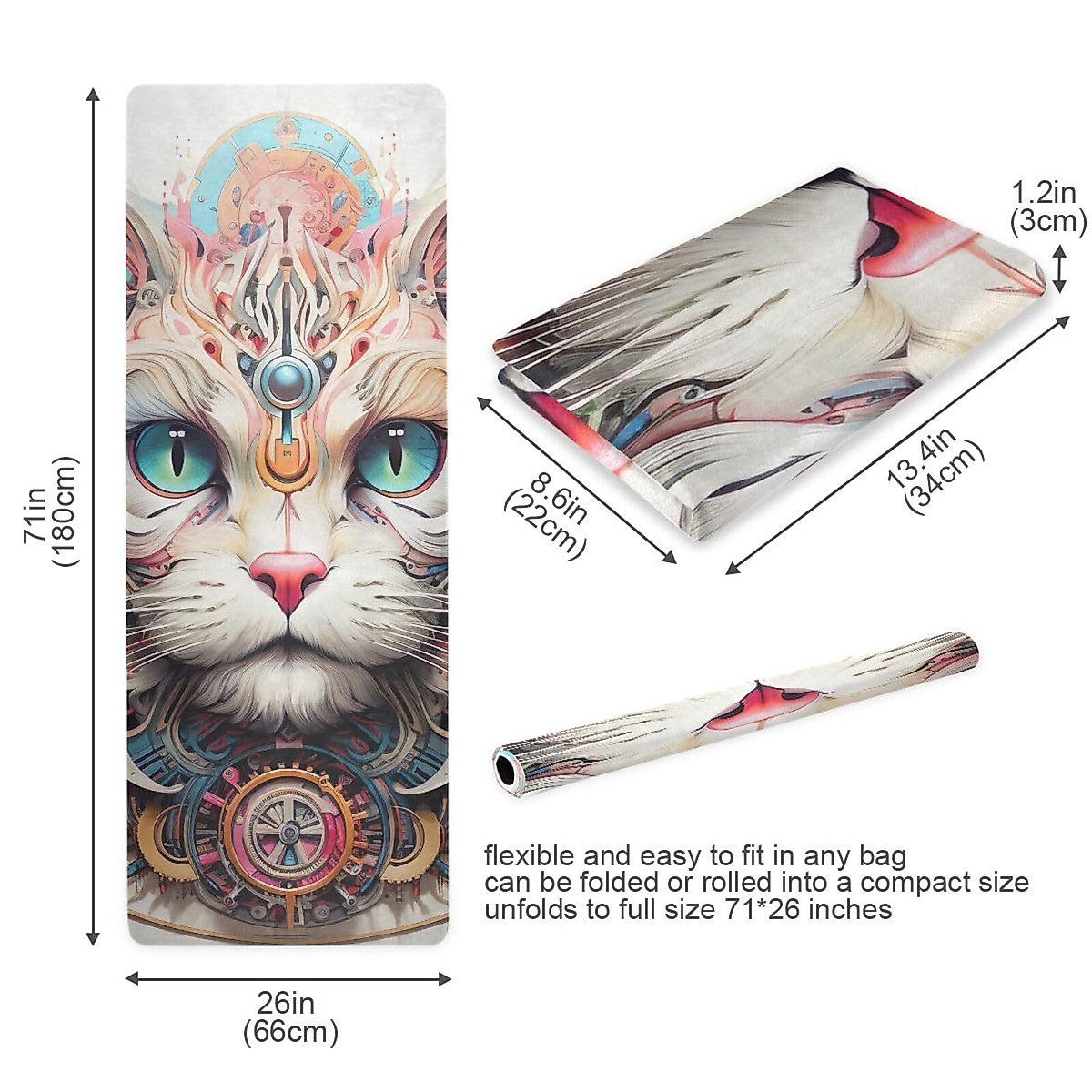 GOODOLD Techno Cat Yoga Mat, 71 x 26 Inch Non-slip Yoga Mats Folding Travel Exercise Mat Indoor Outdoor Gym Pilates with Storage Bag for Women Men