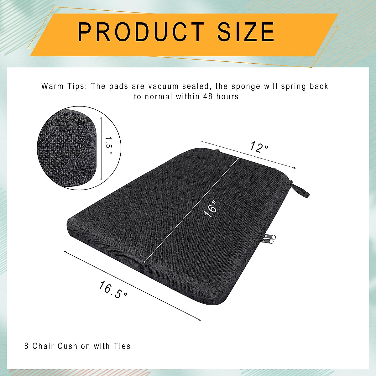 Qunclay 8 Pack Black Chair Seat Cushions Pads for Dining Chairs, Soft Foam Chair Cushion Pads with Ties and Washable Cover Non Slip for Room Kitchen Desk, 16 x 16.5 Inch