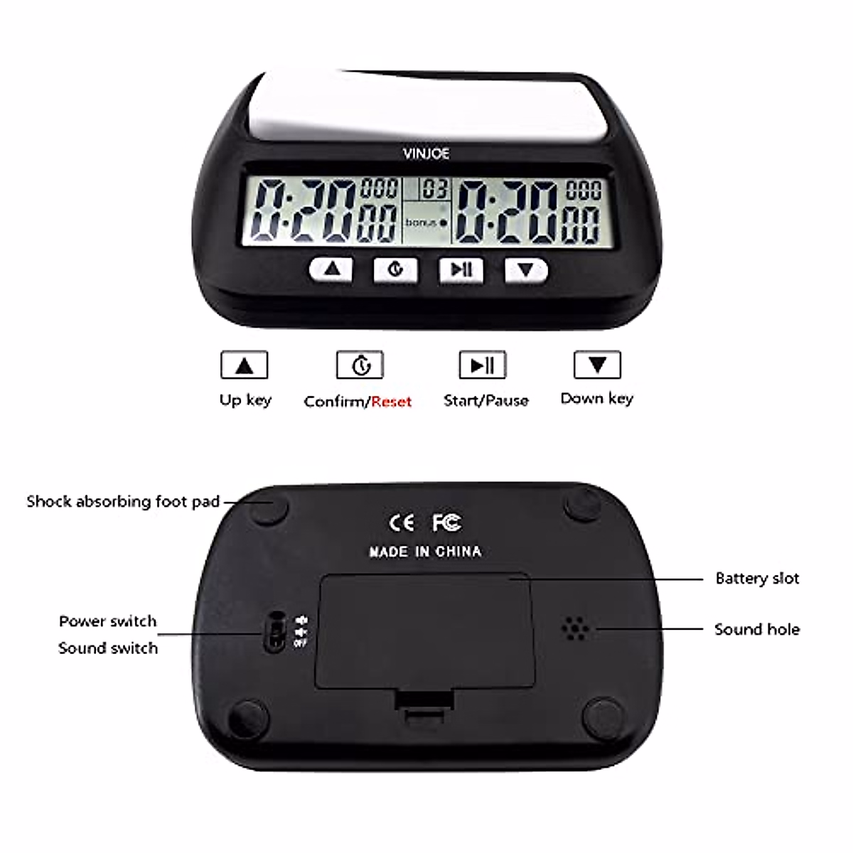 VINJOE Chess Clock Digital Chess Timer Professional for Board Games, Portable Digital Chess Clock & Game Timer with Basic,Bonus,Delay and Positive Time Features Best Gifts (Without Battery)